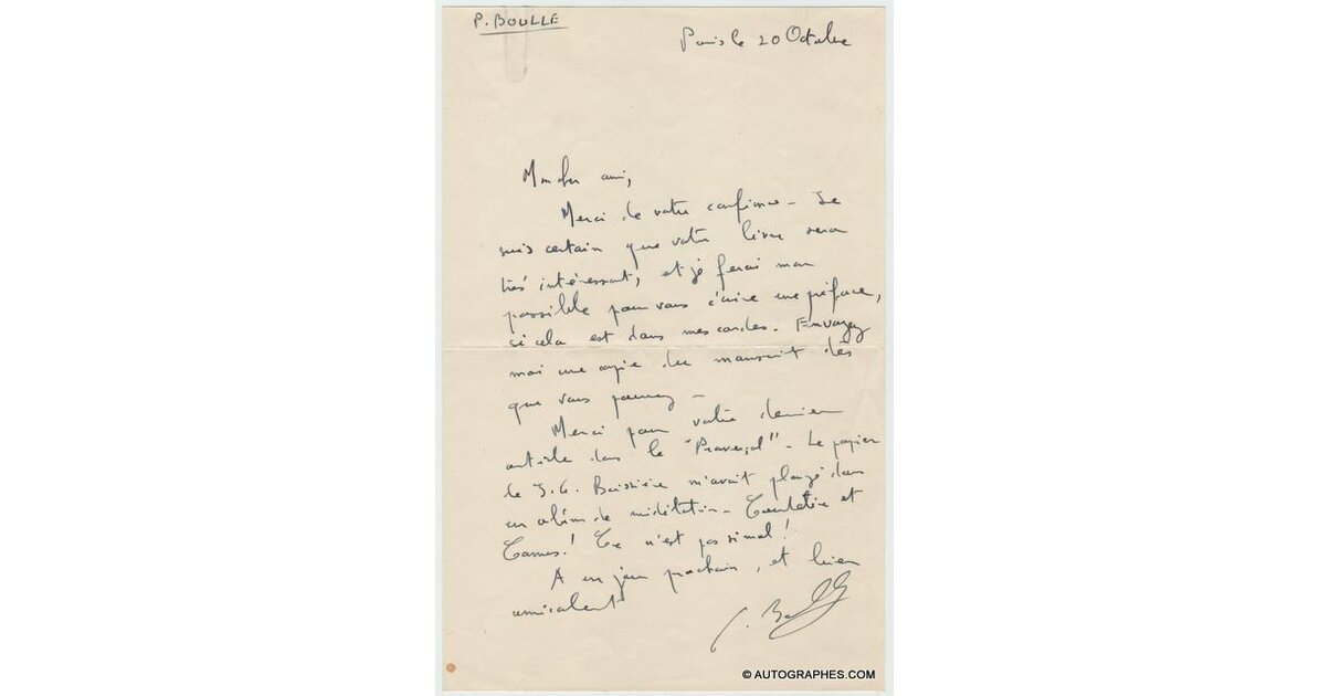 Pierre BOULLE - Lettre autographe signée (1958) - PIÈCES VENDUES ...
