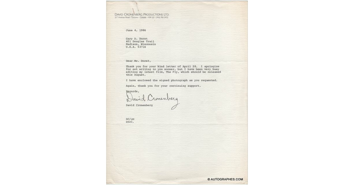 David CRONENBERG - Lettre dactylographiée signée (La Mouche / The Fly ...