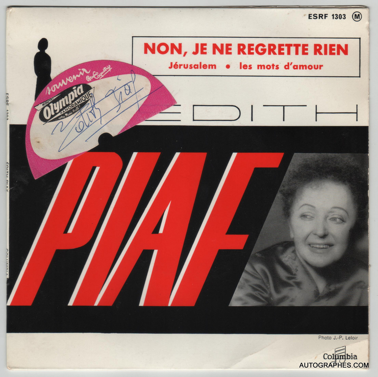 Édith PIAF - Signature autographe sur pochette du disque 45 tours Non ...