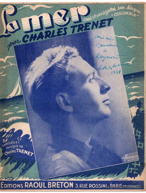 Charles TRENET - Partition "La Mer" dédicacée et signée (1947)