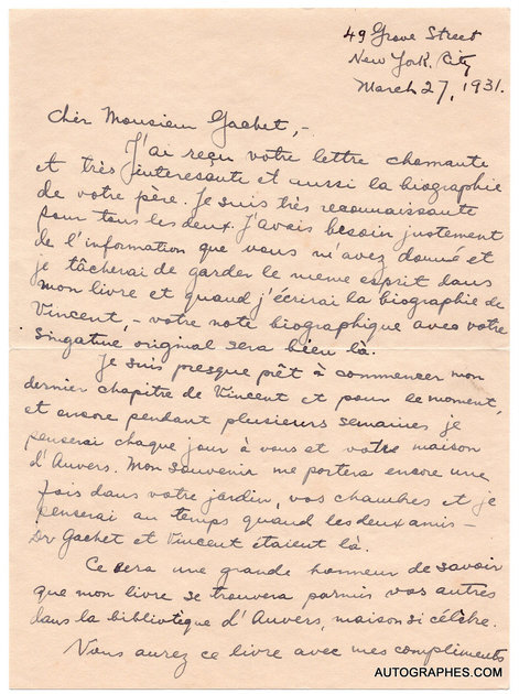 [Vincent VAN GOGH] Irving STONE - Lettre autographe signée à Paul Louis ...