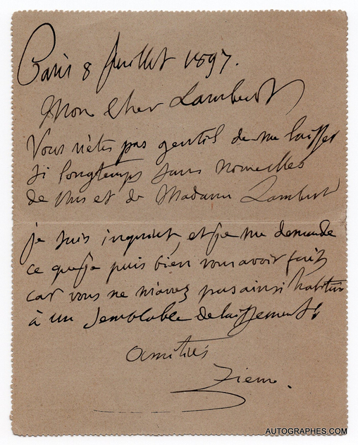 Félix ZIEM - Carte-lettre autographe signée (1897) - NOS AUTOGRAPHES ...