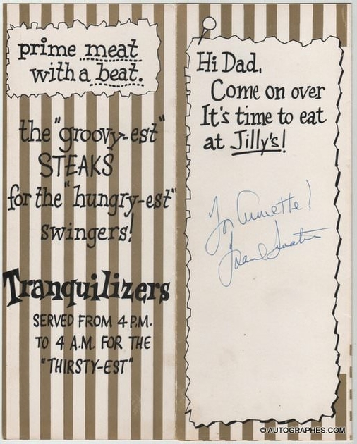 Frank SINATRA - Menu du restaurant Jilly's dédicacé et signé - PIÈCES ...