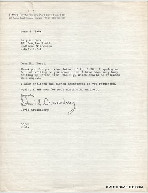 David CRONENBERG - Lettre dactylographiée signée (La Mouche / The Fly ...