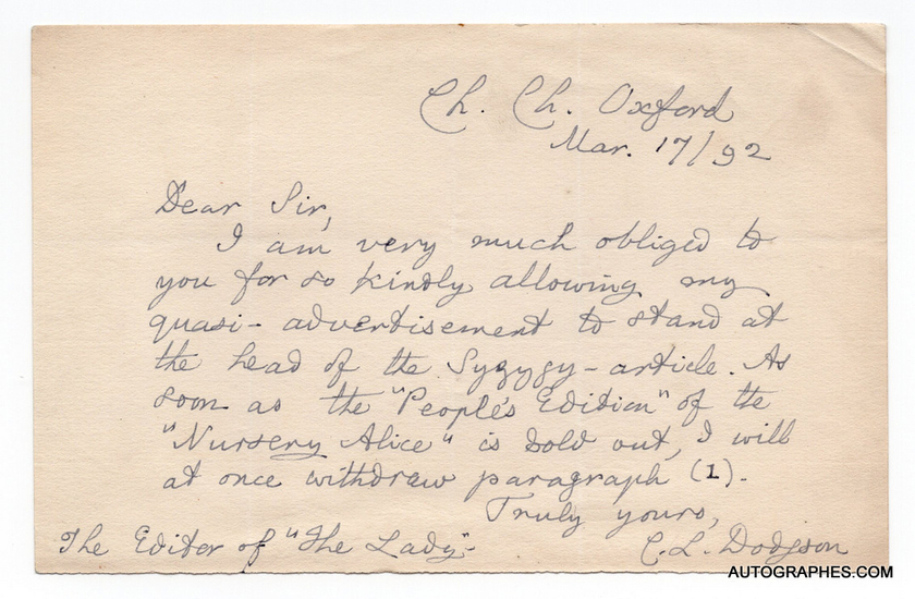 Lewis CARROLL - Lettre autographe signée évoquant "Nursery Alice" (1892)