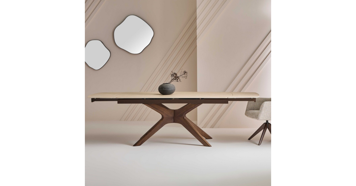 Table Extensible en Céramique Travertin et Pied en Placage Noyer ...