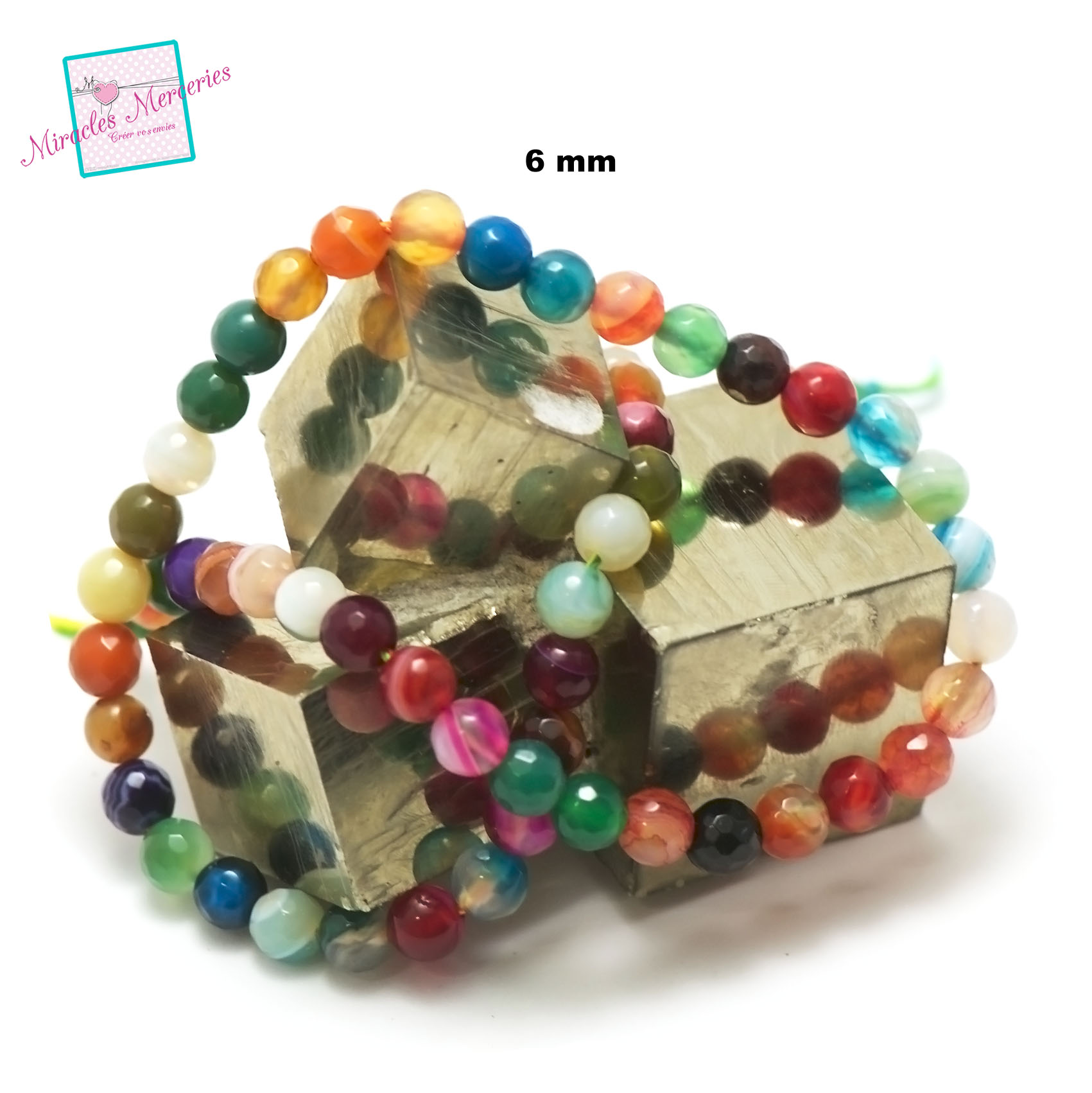 fil de 39 cm perles d'agate multicolore 003"ronde facettée 6 mm ...