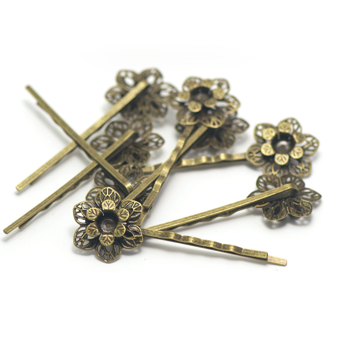 3 épingles/barrettes pour cheveux"double fleurs",bronze - Accessoire de ...