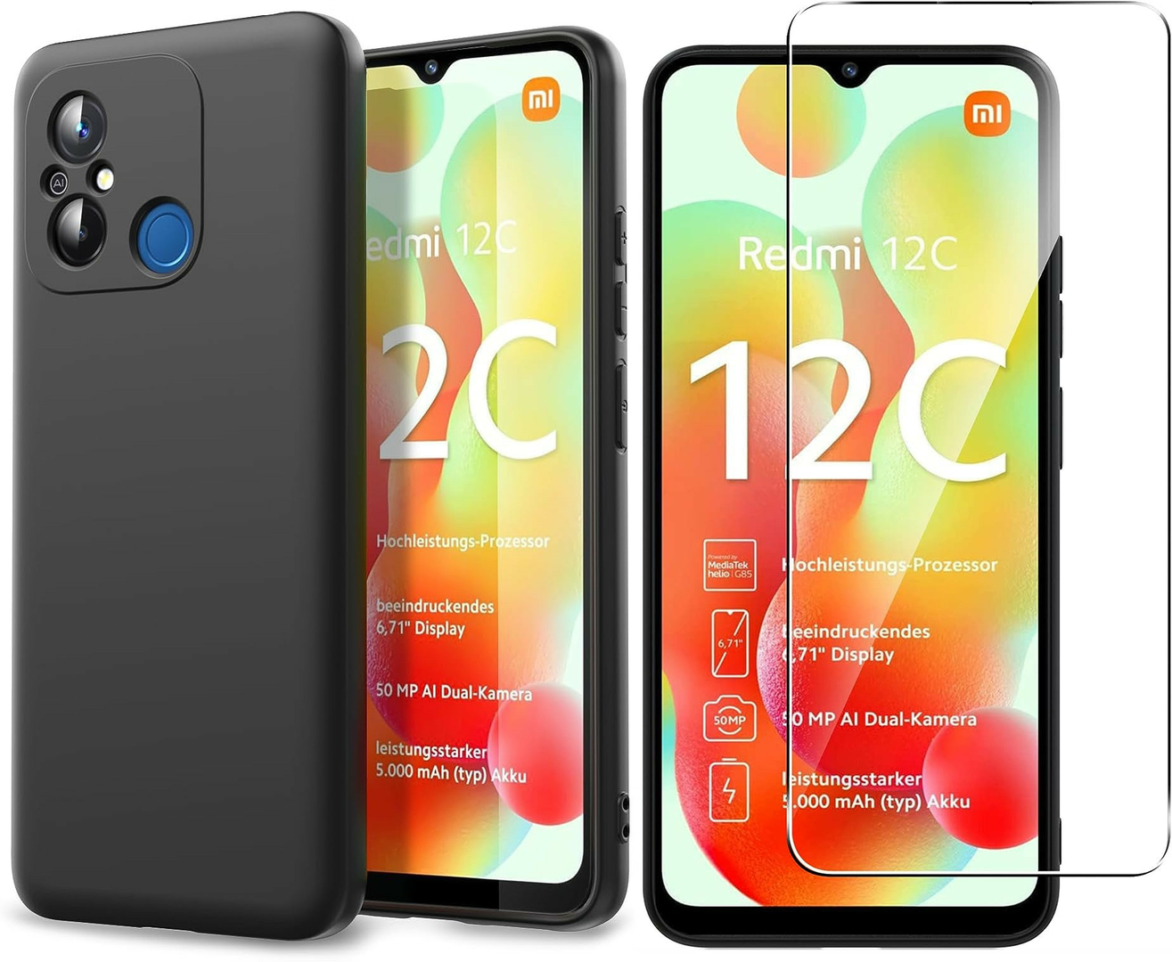Coque Silicone Noir + Vitre Protection Ecran Pour Xiaomi Redmi 12C ...