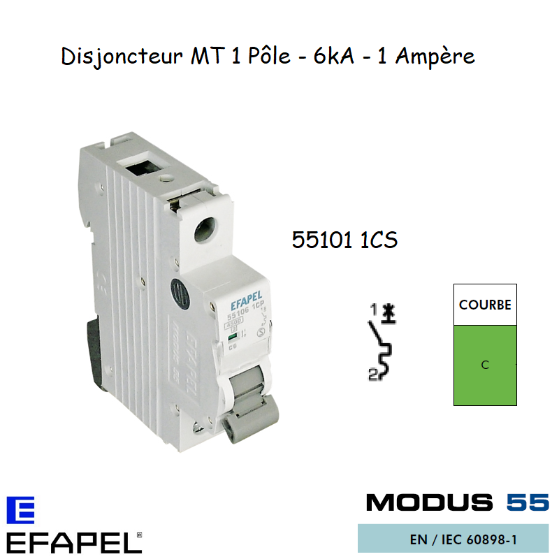 Disjoncteur Magnétothermique 1P - 6kA - 1A - EFAPEL/Lampe Eclair