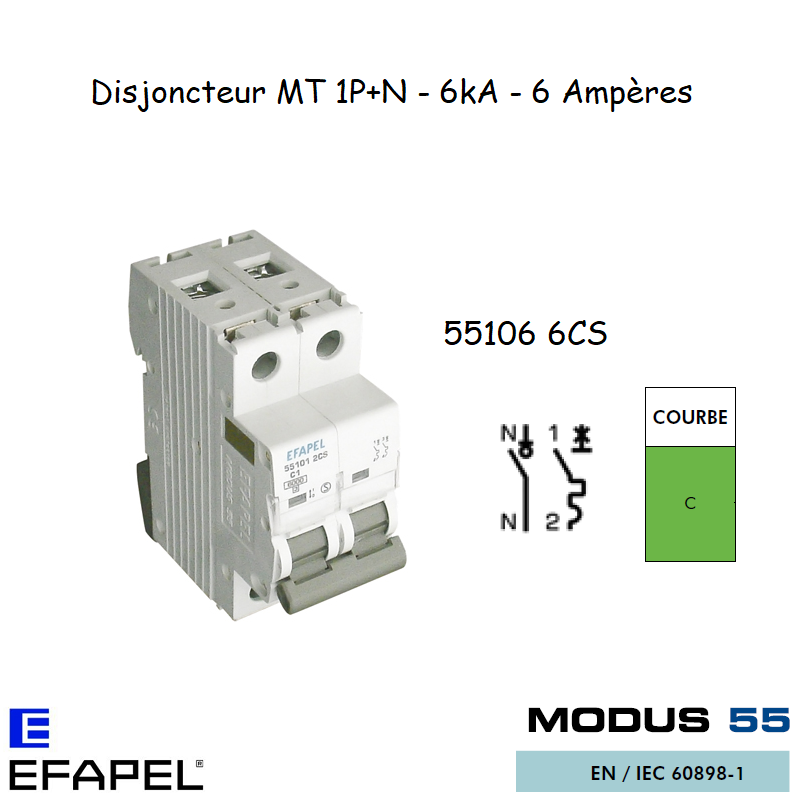 Disjoncteur Magnétothermique 1P+N - 6kA - 6A EFAPEL/Lampe Eclair