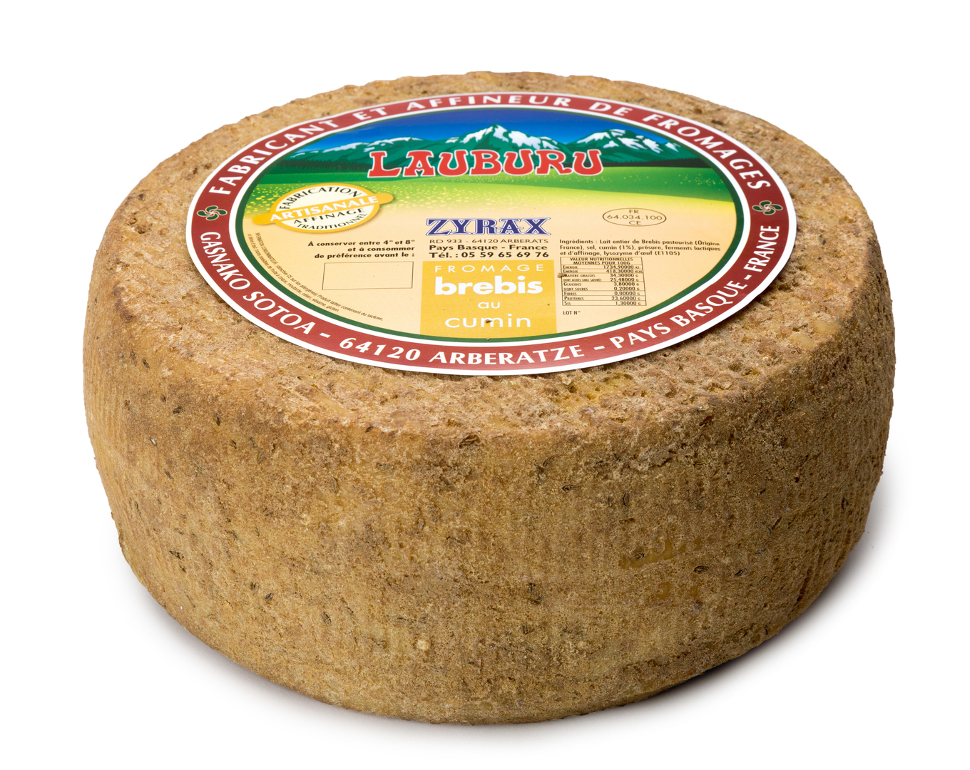 Tomme de brebis au cumin Fromage du Pays Basque - LAUBURU-ZYRAX