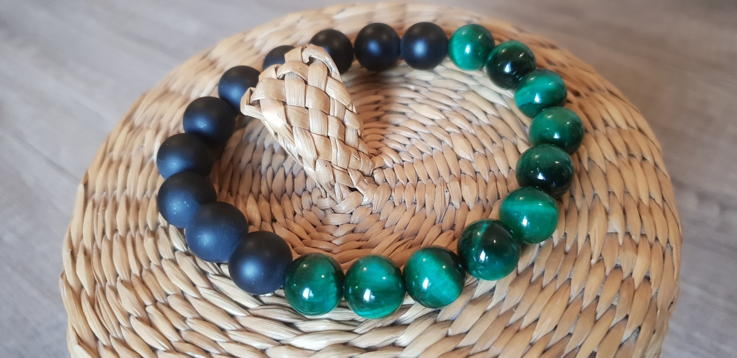 Bracelet en perles de pierre naturelles oeil de tigre vert et onyx noir ...
