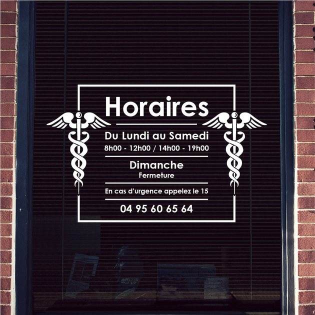 Stickers Horaires Caducée personnalisé – Autocollant vitrophanie