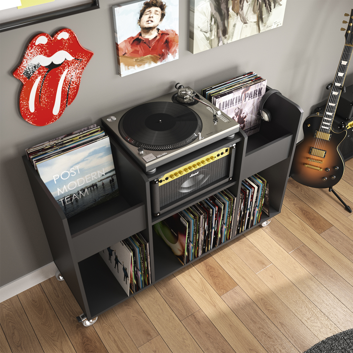 Meuble vinyles mobile Diagone Chicago Noir - Salon/Meuble vinyle ...