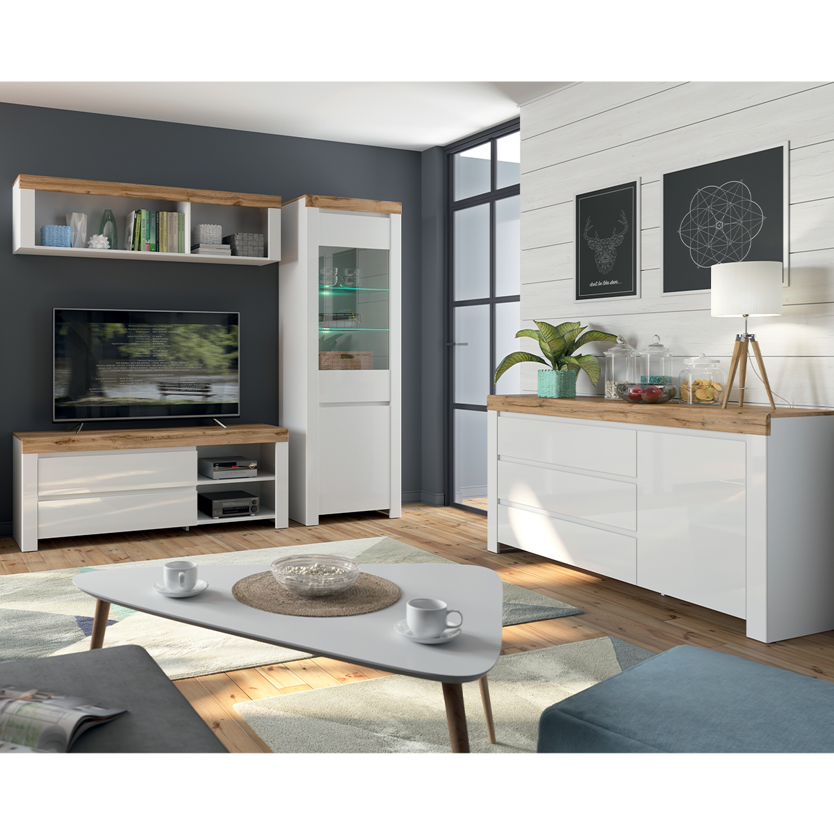 Buffet 3 tiroirs 1 porte Hella Blanc et Bois - Salle à manger/Buffet ...