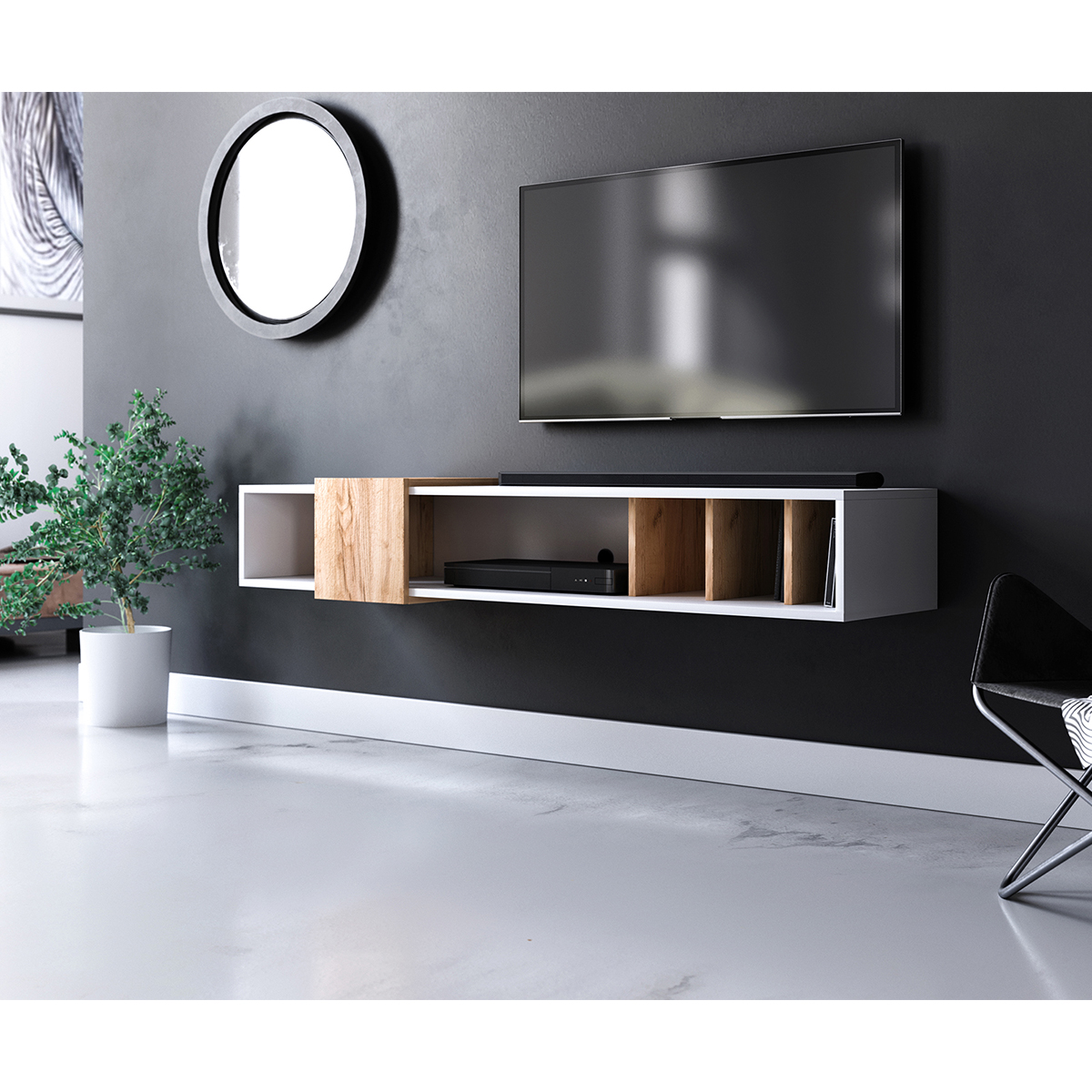 Meuble TV mural 150 cm Hector Blanc et Bois - Salon/Meuble TV - petits ...