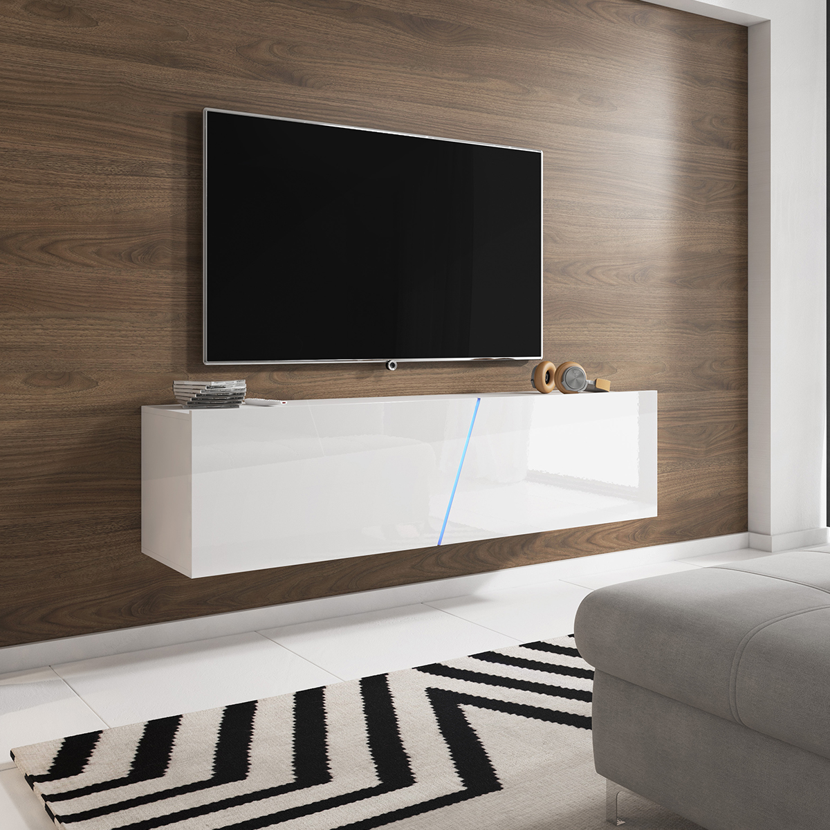 Meuble TV sur pied ou mural 2 portes 160 cm avec LED Maelie Blanc ...