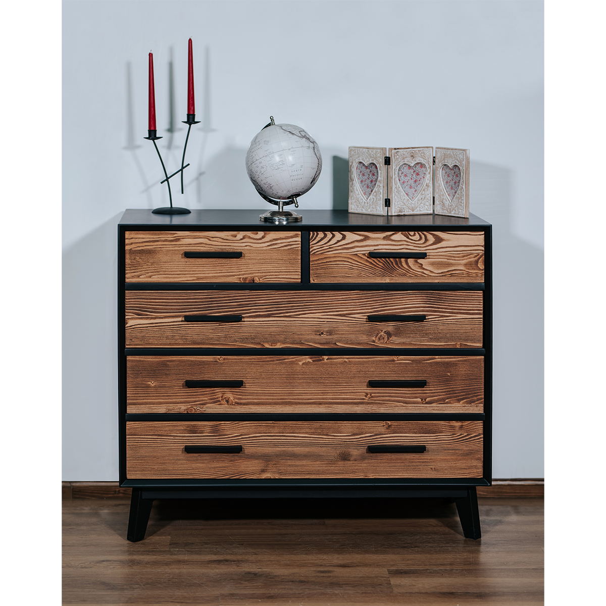 Commode 3+2 tiroirs Nostalgie - Noir et bois - Salle à manger/Buffet ...