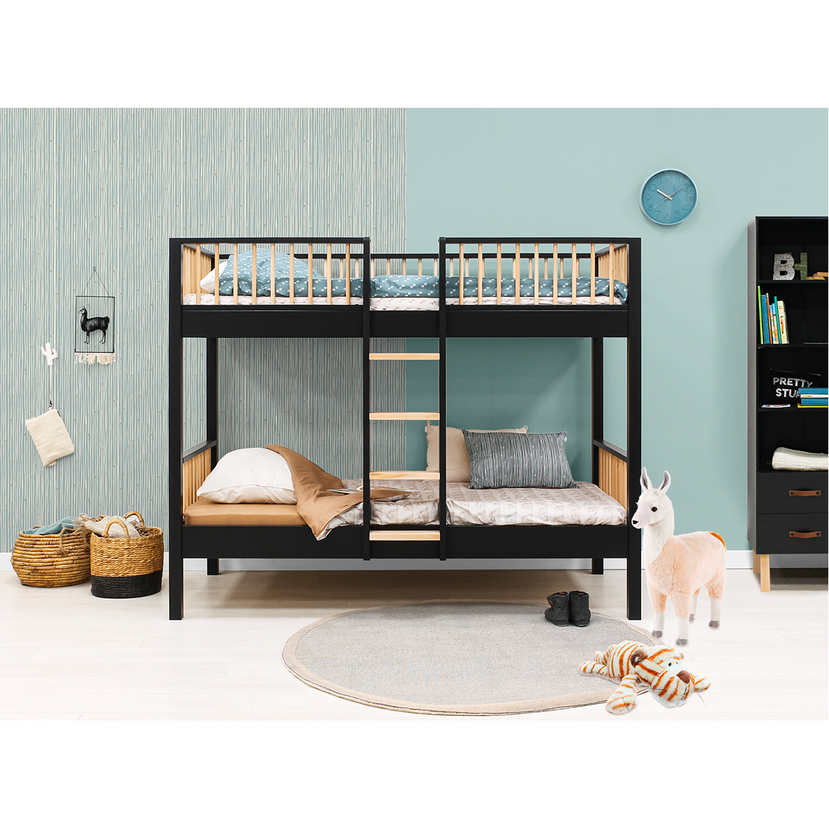 Lit superposé 90x200 Bopita Ivo - Noir mat et bois - Lits junior/Lit ...