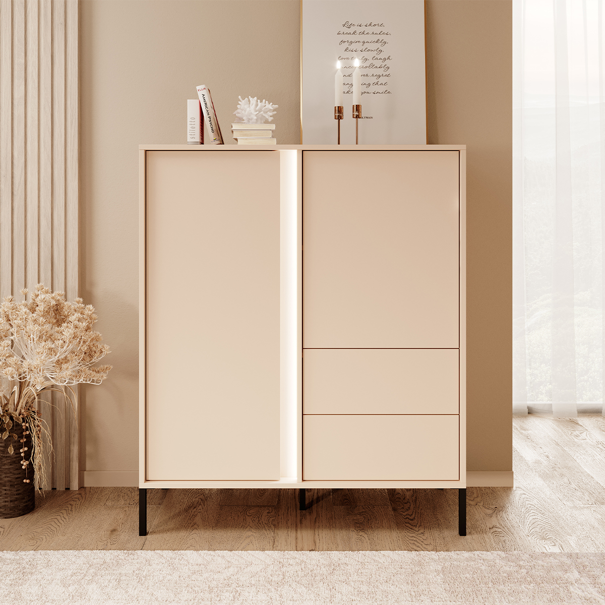 Buffet haut 2 portes 2 tiroirs LED inclus Ronnie Beige - Salle à manger ...