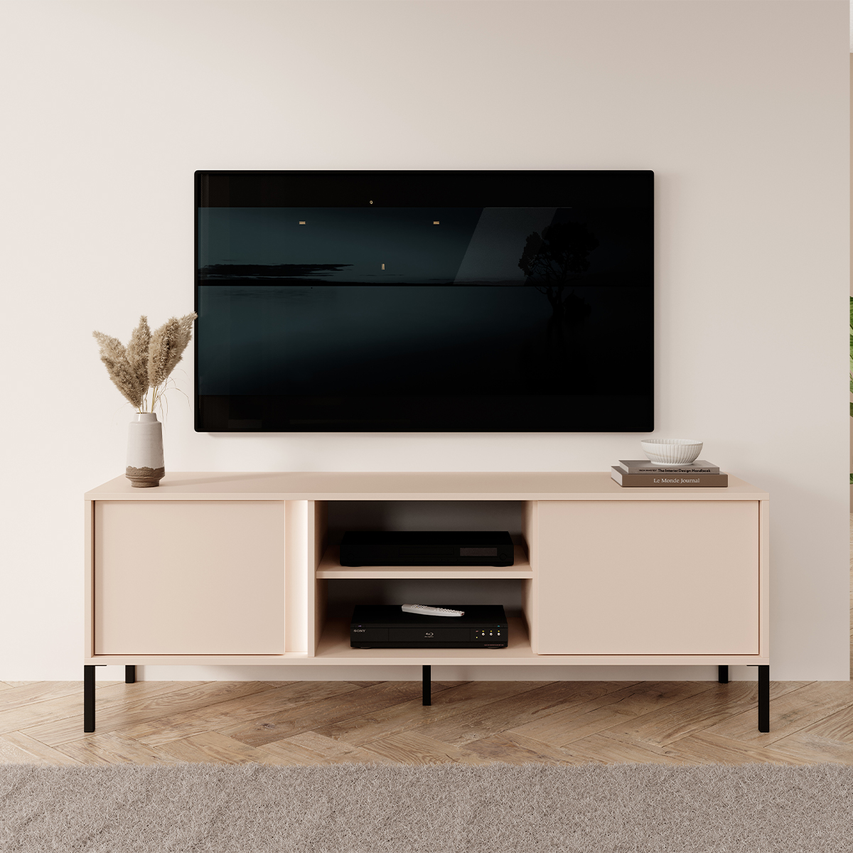Meuble TV 2 portes 153 cm LED inclus Ronnie Beige - Salon/Meuble TV ...