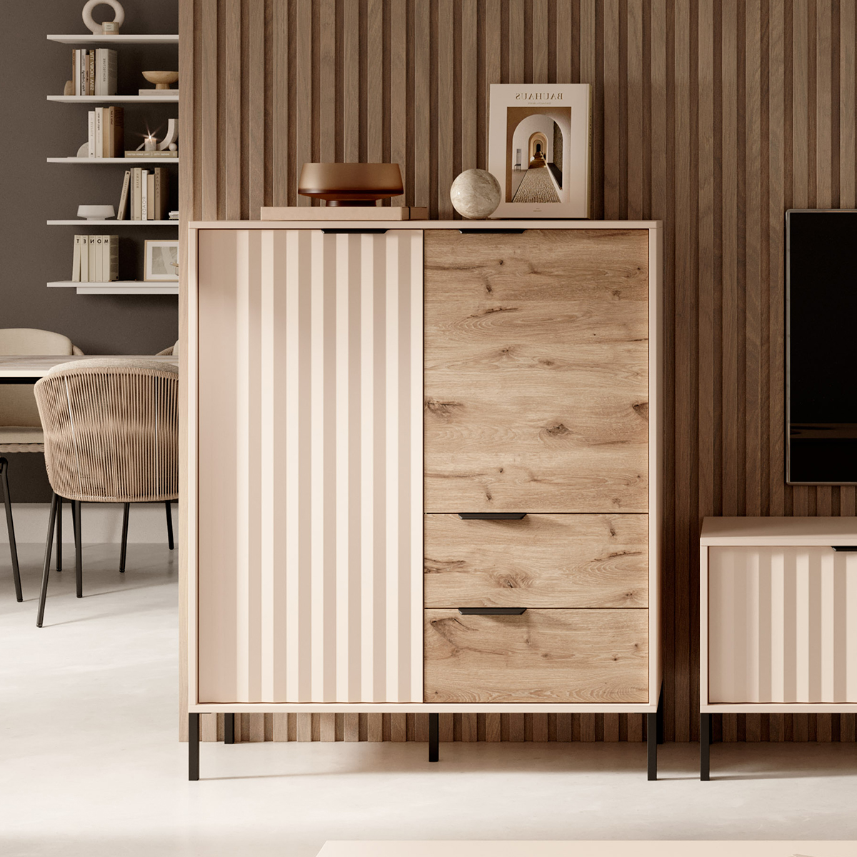 Buffet haut 2 portes 2 tiroirs Jake Beige et Bois - Salle à manger ...