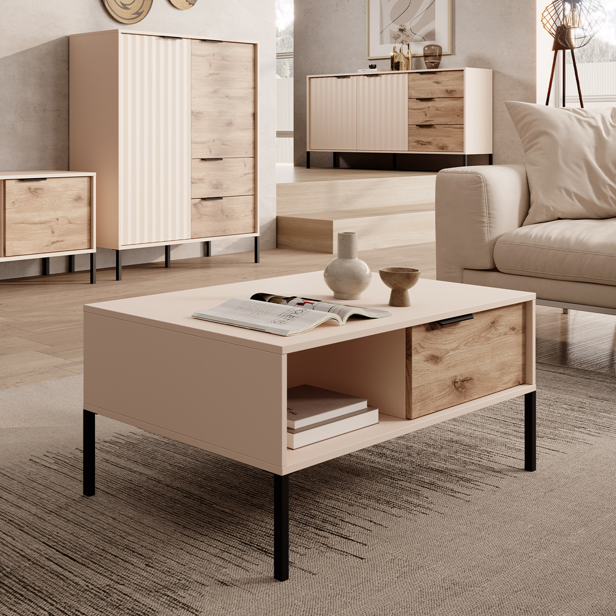 Table basse 2 tiroirs Jake Beige et Bois - Salon/Table basse - petits ...