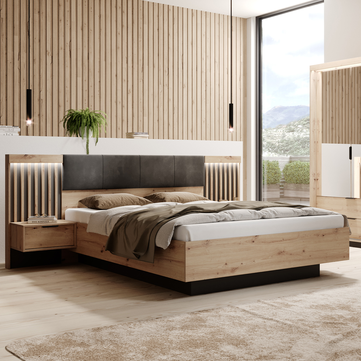 Lit 160x200 sommier chevets LED inclus Luke Bois et Anthracite - Lits ...