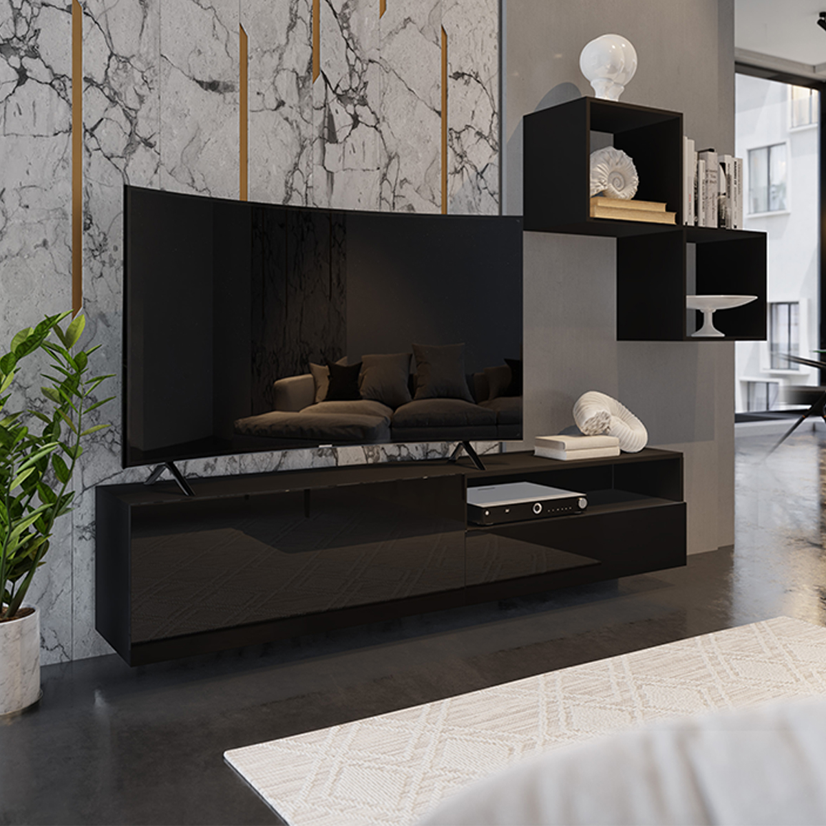 Meuble TV 180 cm 2 cubes muraux inclus Ethan 29 Noir - Salon/Meuble TV ...