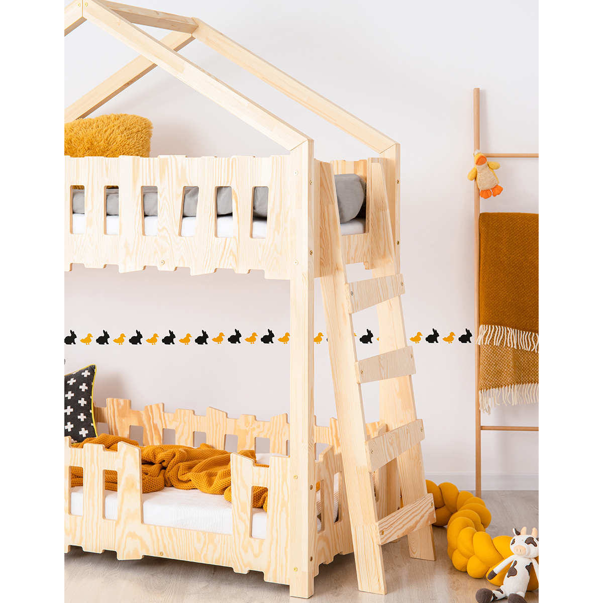 Lit Cabane Superposé 90x200 échelle à Droite Sommier Inclus Eloïse Bois