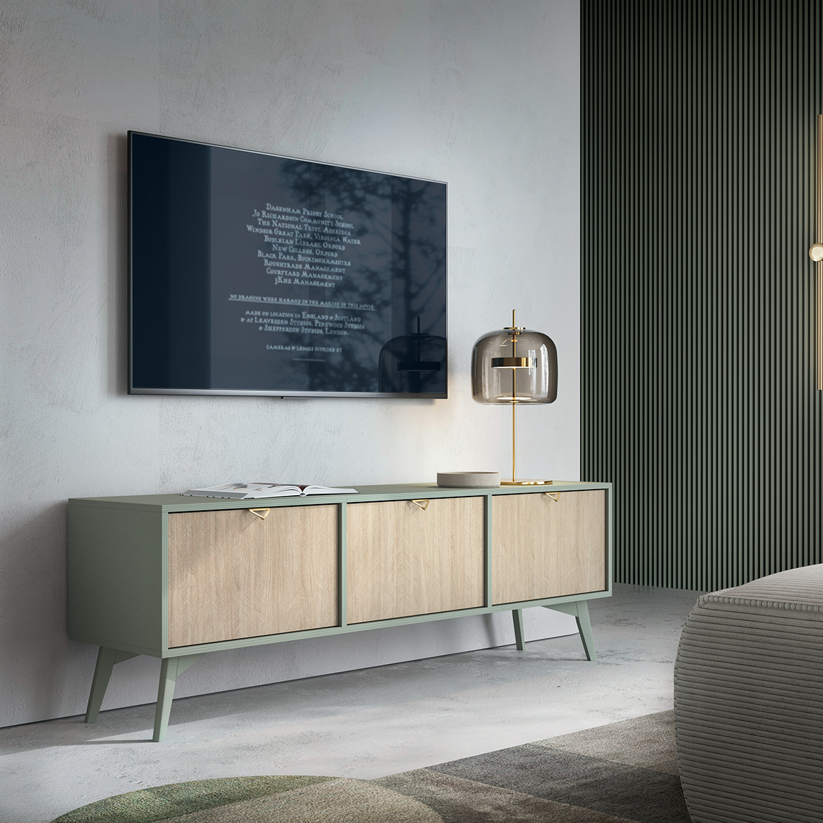 Meuble TV 3 portes Scandi Vert et Bois - Salon/Meuble TV - petits-meubles