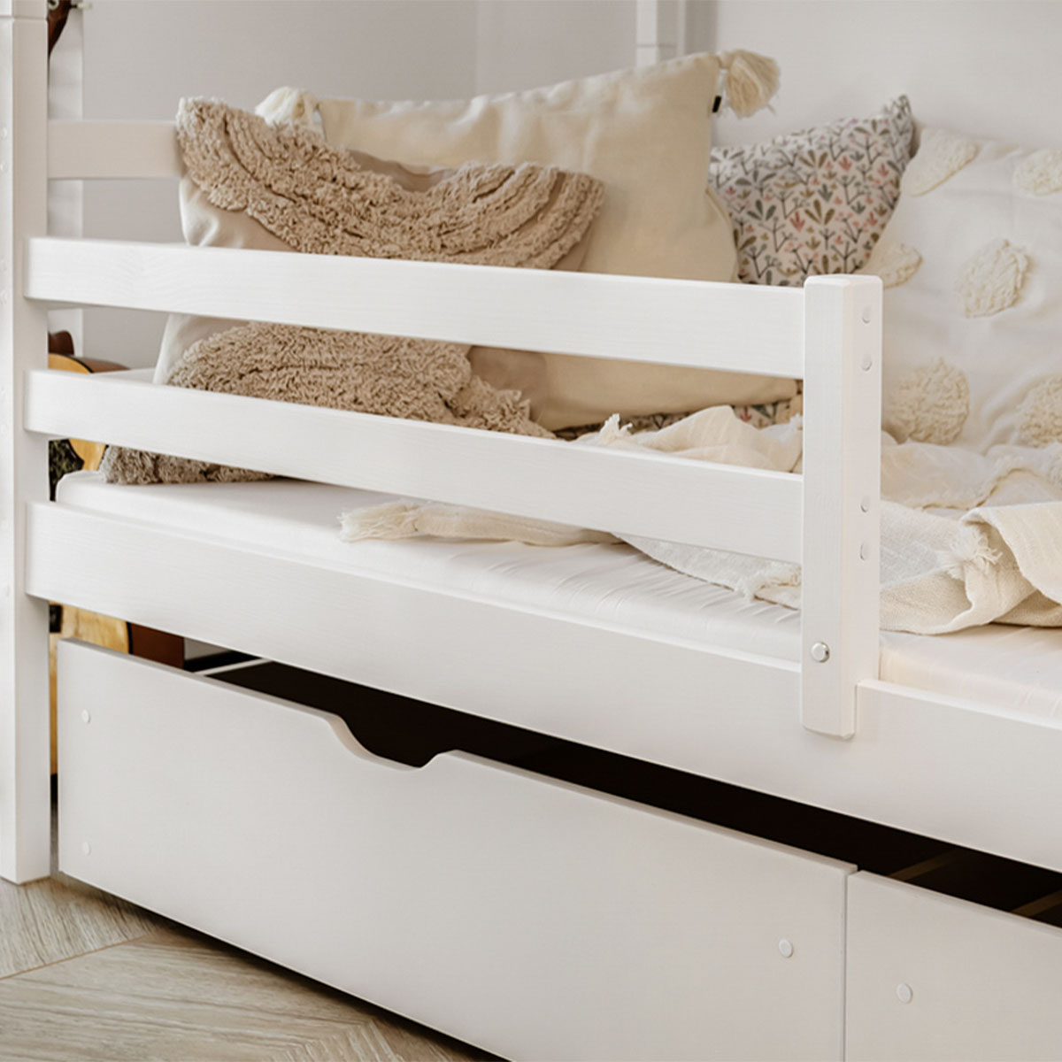 Lit superposé 90x200 sommier et tiroirs inclus Léo Blanc - Lits junior ...