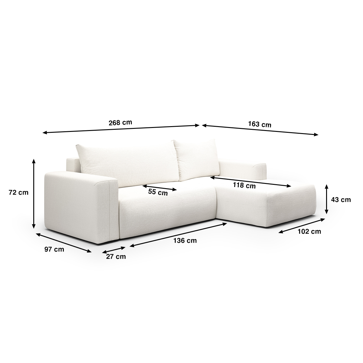 Canapé d'angle convertible droite 3 places coffre Bliss Blanc Cassé ...