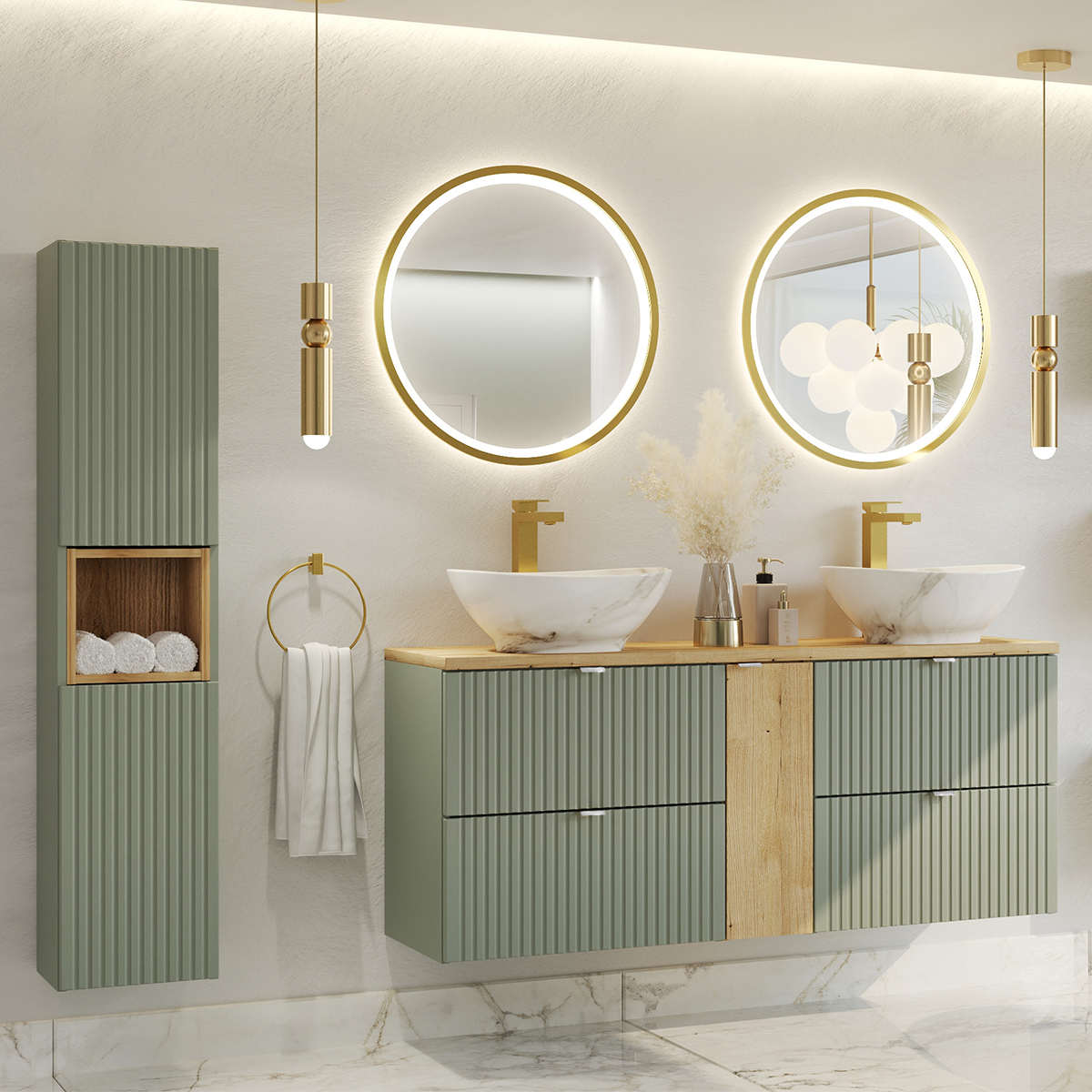 Ensemble meuble double vasque 140cm 4 tiroirs et colonne Jade Vert et ...