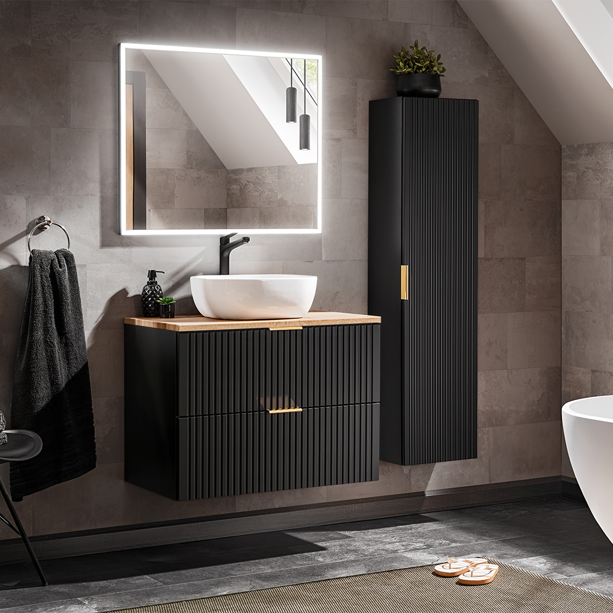 Ensemble meuble simple vasque 80cm et colonne Adriel Noir et Bois ...