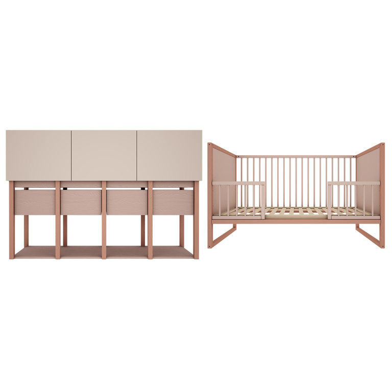 Lit évolutif 70x140 et commode 3 portes Wood Luck Tweens Rose et Beige ...