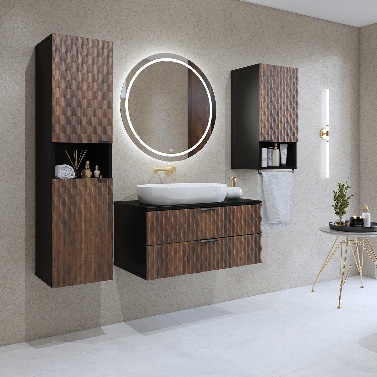 Ensemble meuble sous-vasque 80cm colonne et armoire Nevia Bois et Noir ...