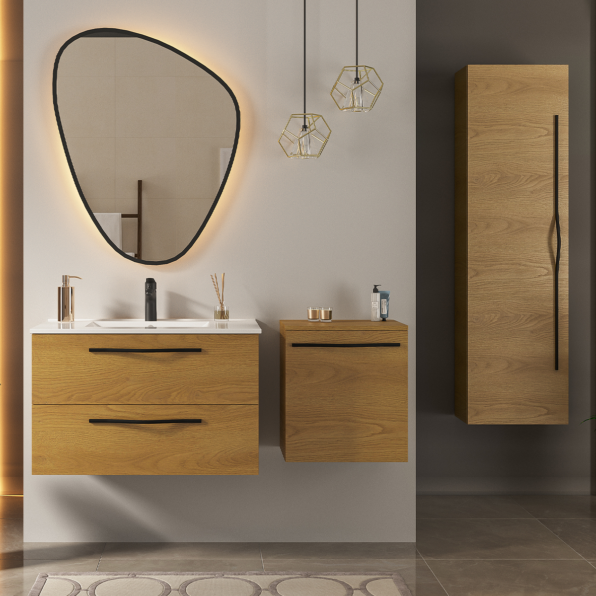 Ensemble meuble simple vasque encastrée 80 cm armoire et colonne Douglas Bois - Ensemble salle ...