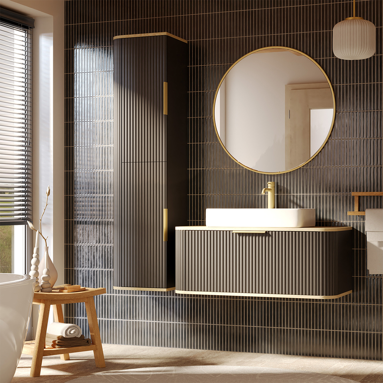 Ensemble meuble sous-vasque 80 cm miroir et colonne Yuval Noir et Bois - Ensemble salle de bain ...