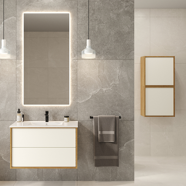 Ensemble meuble simple vasque encastrée 80 cm et armoires Denzel Blanc et Bois - Ensemble salle ...