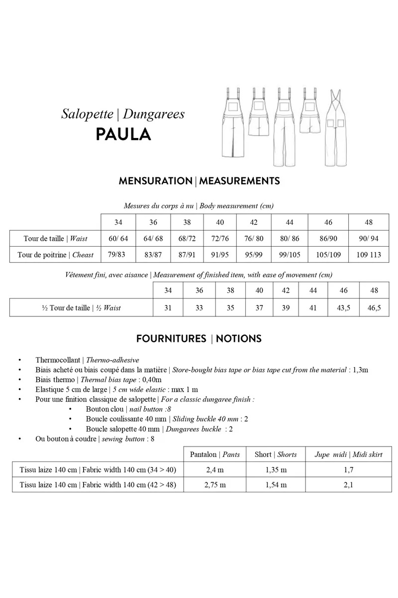 Patron salopette PAULA (du 34 au 48) - Patrons/Combinaisons ...