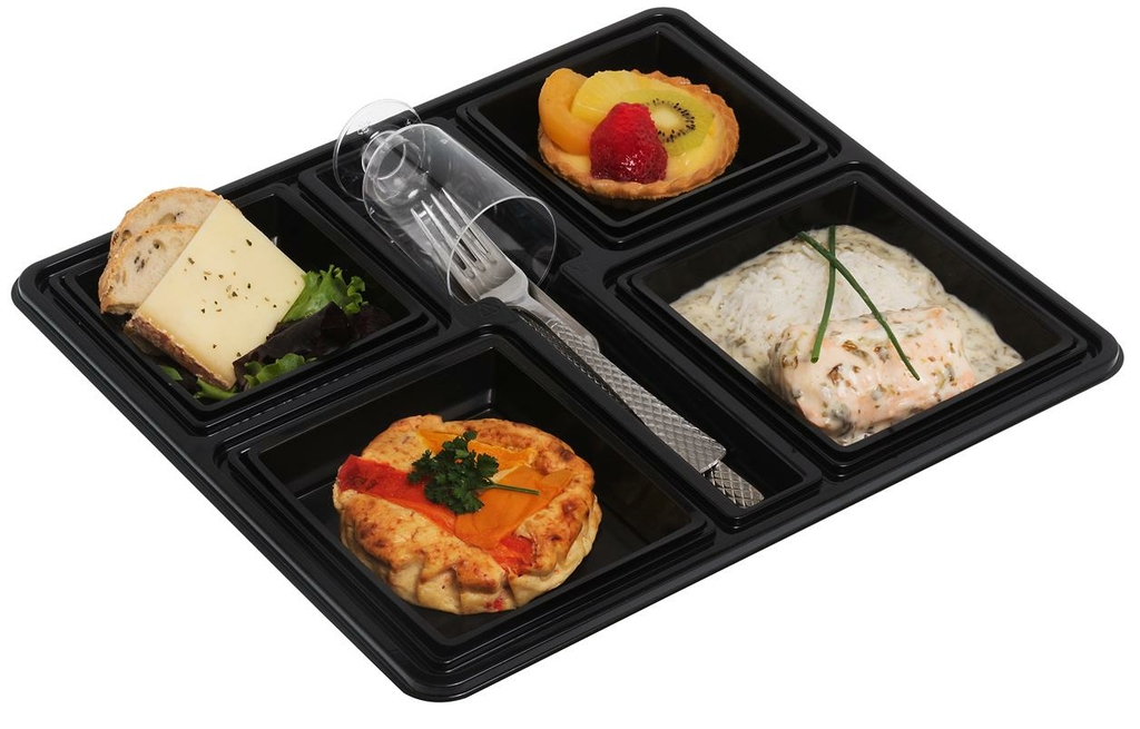 Plateau-repas noir en plastique recyclable 4 compartiments 360x325x60 ...