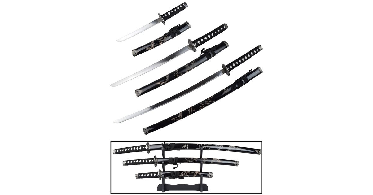 Lot 3 katanas dragon + socle - Katana sabre japonais