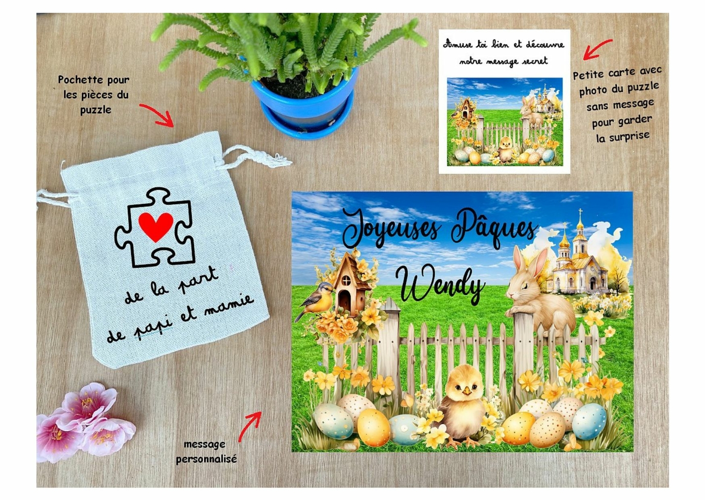 Puzzle personnalisé Pâques et message au choix avec sa pochette et ...
