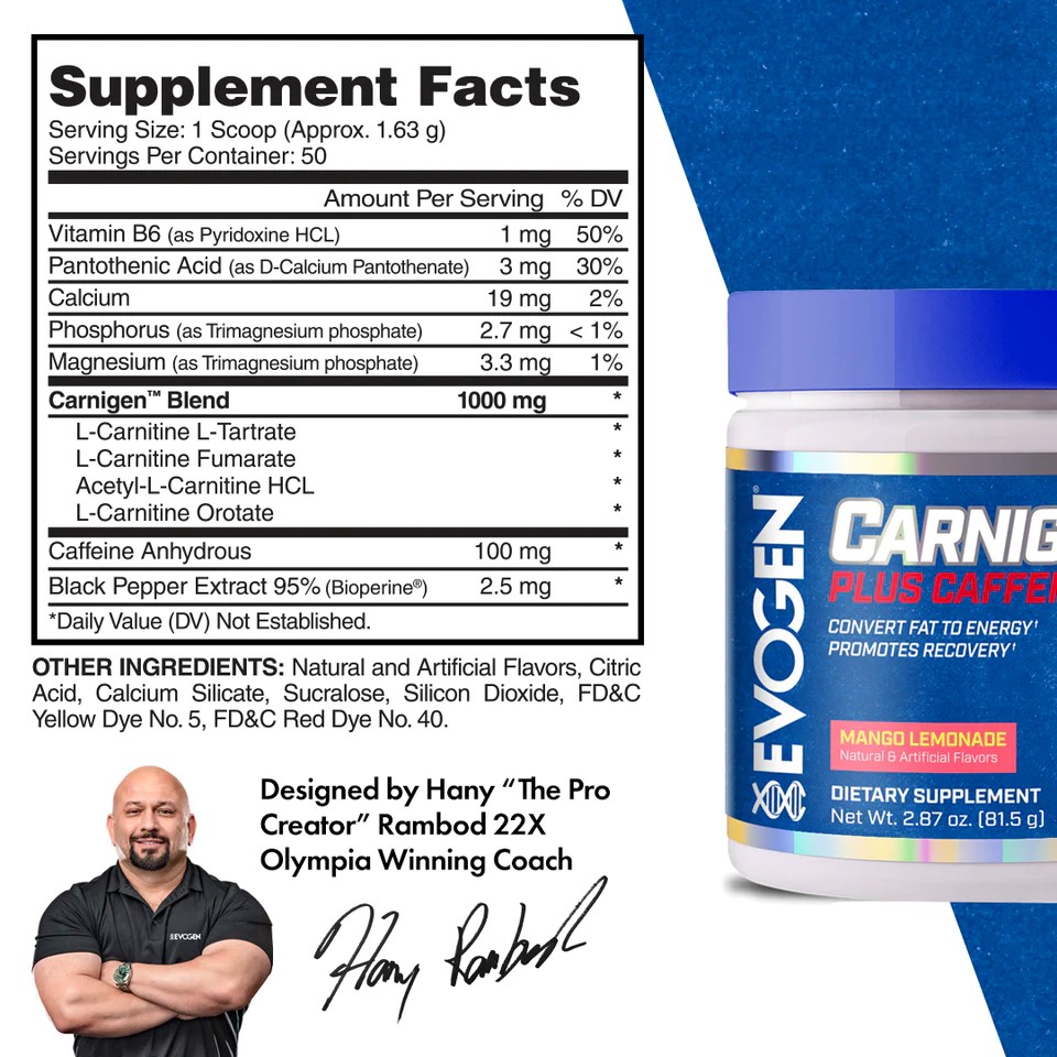 Evogen Carnigen Plus Caffeine, Mango Lemonade 81 grams