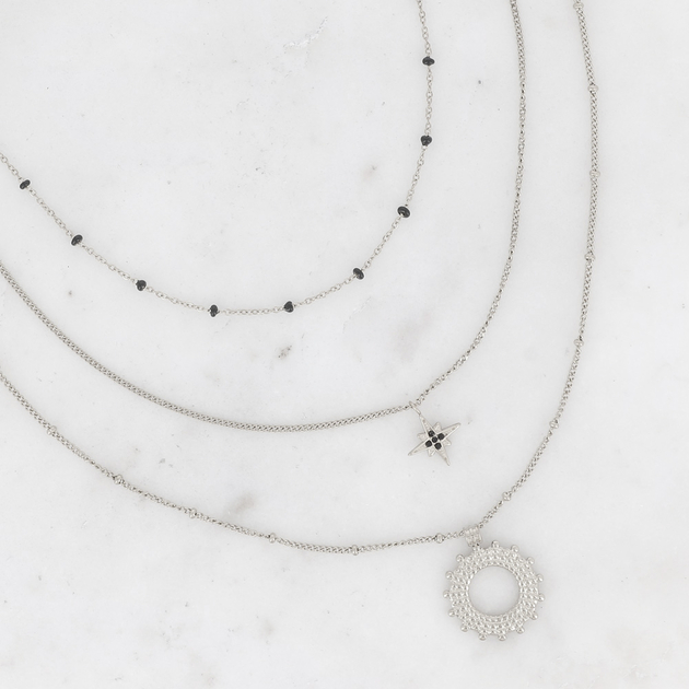 COLLIER 3 RANGS, ÉMAIL NOIR, ÉTOILE ET SOLEIL - Colliers/les argentés ...